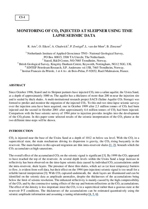 Pdf Monitoring Of Co 2 Injected At Sleipner Using Time Lapse Seismic Data Ola Eiken