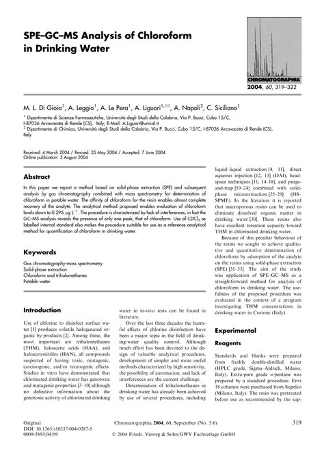 Pdf Spe Gc Ms Analysis Of Chloroform In Drinking Water