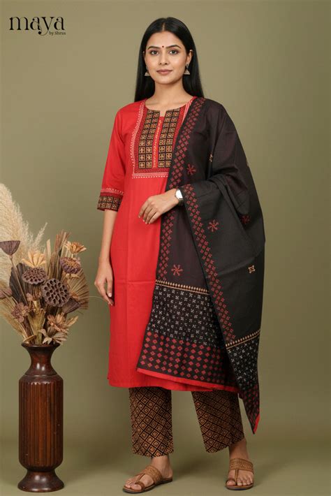 Striking Red Geometric Printed Cotton Salwar Suit Set Maya By Shrus