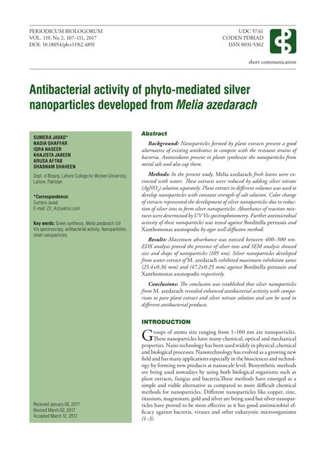 Pdf Antibacterial Activity Of Phyto Mediated Silver Nanoparticles Developed From Melia Azedarach
