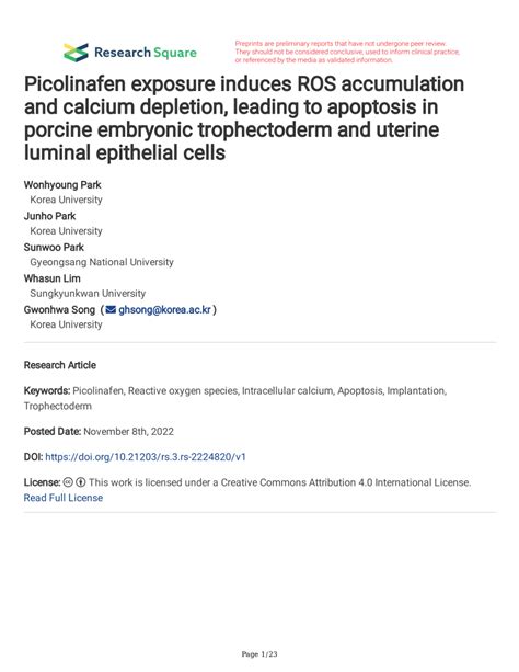 Pdf Picolinafen Exposure Induces Ros Accumulation And Calcium