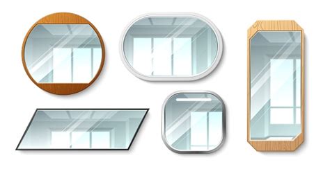 다른 기하학적 모양 거울 금속과 나무 프레임의 현실적인 인테리어 개체 다양한 형태 둥근 타원형 및 사각형 벽걸이 반사 안경 3d 요소 발언 벡터 세트 0명에 대한 스톡 벡터