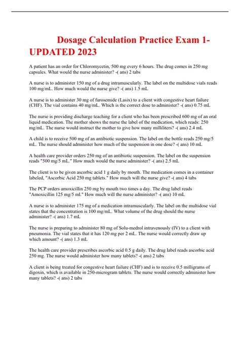 Dosage Calculation Practice Exam UPDATED Dosage Calculation For Lpn Student Stuvia US