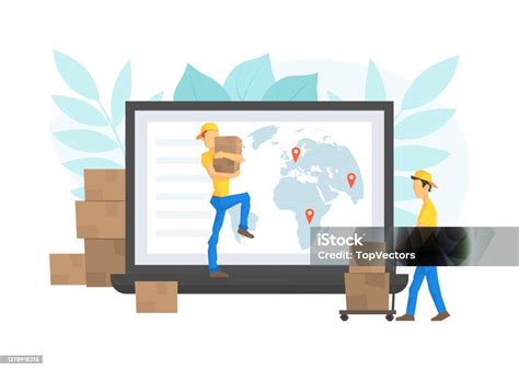 컴퓨터 화면 전 세계 배달 서비스 전자 상거래 개념 벡터 일러스트레이션을 통해 소포 상자를 배달하는 남성 근로자 배달에 대한 스톡 벡터 아트 및 기타 이미지 Istock