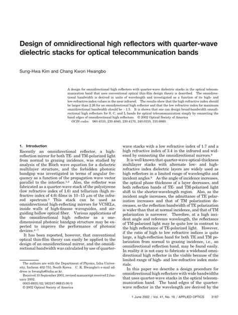Pdf Design Of Omnidirectional High Reflectors With Quarter Wave Dielectric Stacks For Optical