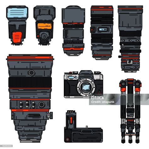컬러 벡터 아이콘 세트 디지털 사진 작가 전문 장비 사진 예술 사진 삼각대 카메라 다양한 렌즈 플래시 만화 스타일 일러스트 요소 디자인 스냅 샷 사진 스튜디오 겉창에 대한