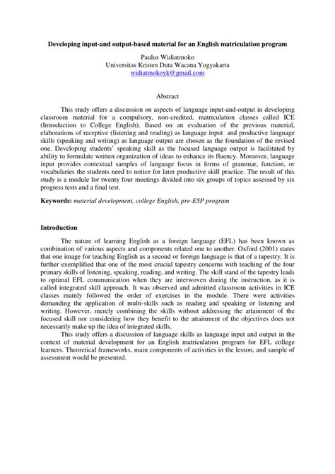 PDF Developing Input And Output Based Material For An English Matriculation Program