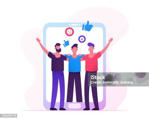 인터넷에서 만나는 사람들 거대한 스마트 폰 화면에서 손을 잡고 있는 남자 남성 캐릭터 포옹 우정 인간 관계 웹 데이트 소셜 미디어 앱 개념 만화 플랫 벡터 일러스트 개념에