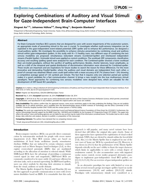 pdf exploring combinations of auditory and visual stimuli for gaze independent brain computer