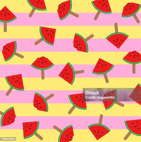 화려한 패턴 배경으로 막대기에 수 박 아이스크림 조각 벡터 일러스트 가지 식물 부위에 대한 스톡 벡터 아트 및 기타 이미지 가지 식물 부위 건강한 생활방식 건강한