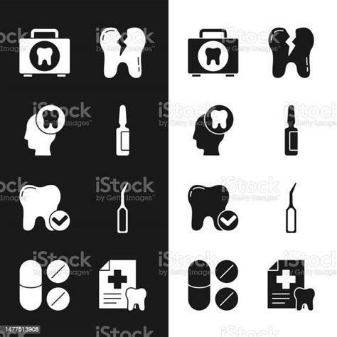 진통제 태블릿 치아가 있는 인간의 머리 구급 상자 깨진 치아 미백 개념 치과 탐색기 스케일러 카드 및 아이콘을 설정합니다 벡터 건강 진단에 대한 스톡 벡터 아트 및 기타