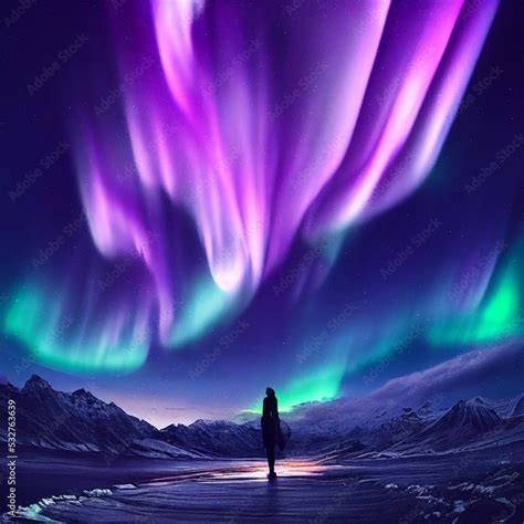 Aurora Borealis Landscape At Night Sky Full Of Light Waves Northern