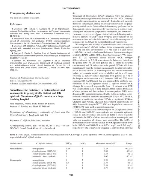 Pdf Surveillance For Resistance To Metronidazole And Vancomycin In Genotypically Distinct And