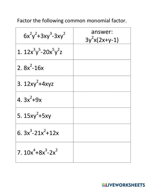 Factoring Commo… Free Interactive Worksheets 3454251
