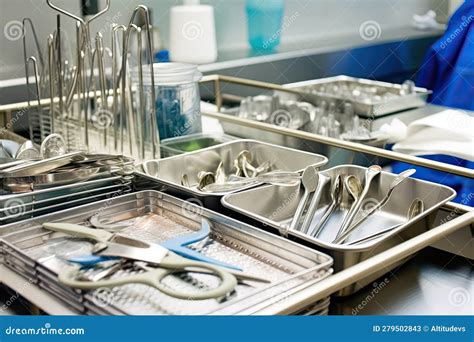 Surgical Instruments Being Sterilized And Packaged For In Modern Sterile Operating Room Stock