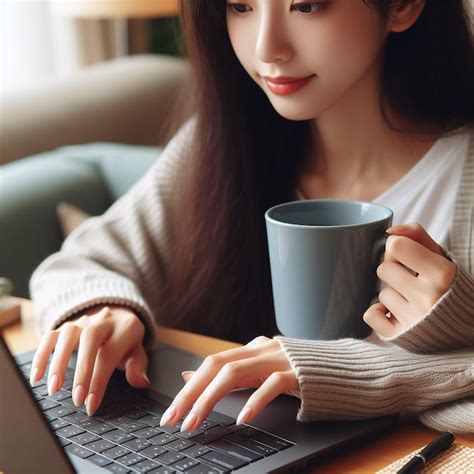 female hand typing on keyboard of laptop premium ai generated image