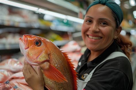Premium Photo A Grocery Store Employee A Lady Is Beaming At The Camera While Bearing A Snapper