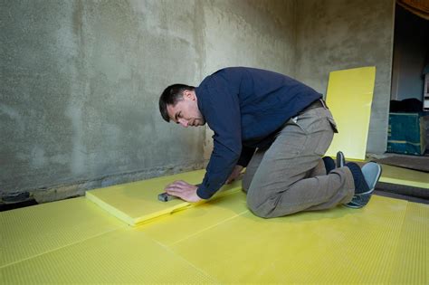 Installation Of Expanded Polystyrene In The Room For Floor Insulation Repair Work Alone Yellow