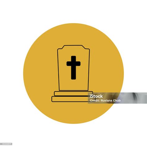 노란색 원에 무덤과 묘지 아이콘 장례식 죽은 자 또는 할로윈의 축제 앱 인터페이스의 사용자 지정 단추입니다 공포 무서움에 대한