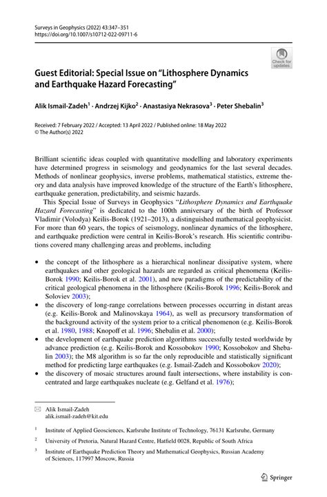 Pdf Guest Editorial Special Issue On “lithosphere Dynamics And