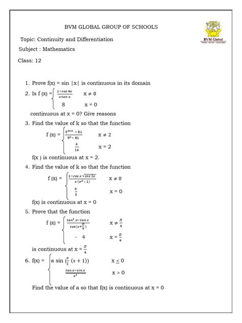 Continuity And Differentiation Ws Pdf Mathematics Mathematical Analysis