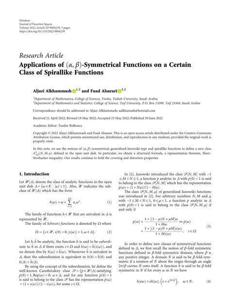 Pdf Applications Of α β Symmetrical Functions On A Certain Class Of Spirallike Functions