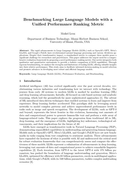 Benchmarking Large Language Models With A Unified Performance Ranking Metric Pdf Artificial