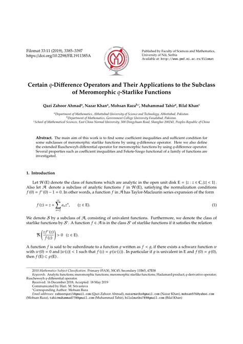 Pdf Certain Q Difference Operators And Their Applications To The Subclass Of Meromorphic Q