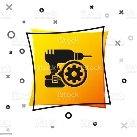 검은 드릴 기계와 기어 아이콘 흰색 배경에 고립입니다 조정 응용 프로그램 서비스 개념 설정 옵션 유지 보수 수리 고정 노란색