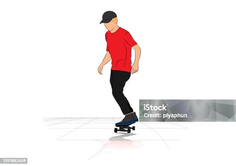 그래픽 이미지 스케이트 보드 또는 서핑 스케이트 스탠딩 벡터 일러스트 레이 션을 타는 남자 만화 캐릭터 건강한 생활방식에 대한