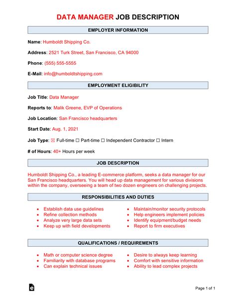 Free Data Manager Job Description Template Sample Pdf Word Eforms