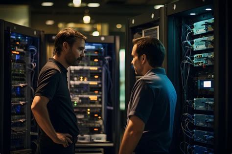 Premium Ai Image Technicians In Discussion Beside Server Rack