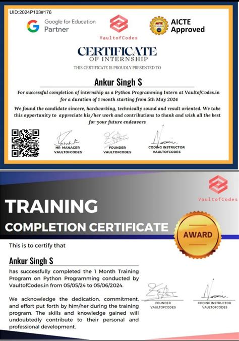 Ankur Singh S On Linkedin Python Internshipcompletion Vaultofcodes