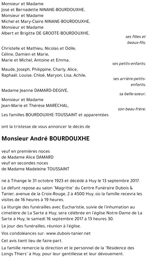 Avis De Décès De André Bourdouxhe Décédé Le 13 09 2017 à Huy Annonce