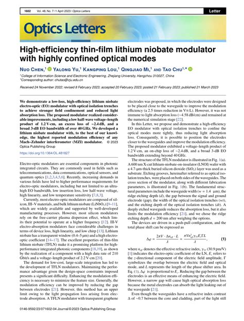 Pdf High Efficiency Thin Film Lithium Niobate Modulator By Highly