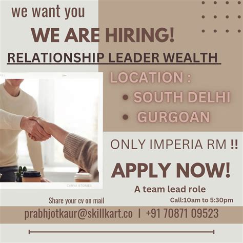 Prabhjot Kaur On Linkedin We Need A Strong Profile Who Have Worked As Imperia Relationship Manager