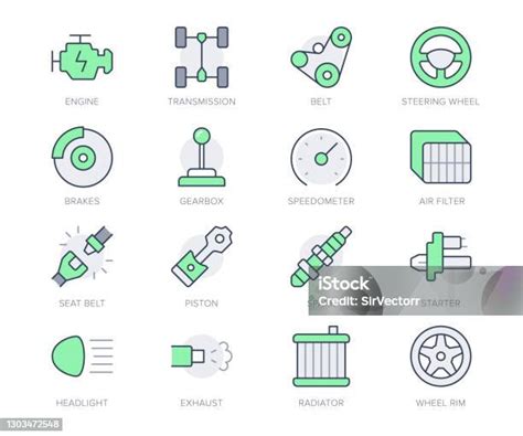 전송 자동차 부품 간단한 라인 아이콘 최소한의 아이콘벡터 일러스트 체크 엔진 기어박스 브레이크 불꽃 휠 림 변속기 안전벨트 배기 녹색 색상 편집 가능한 스트로크 아이콘에