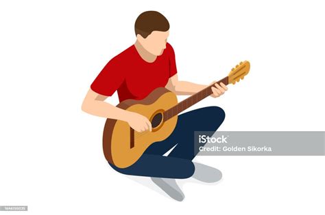 아이소메트릭 클래식 어쿠스틱 6현 기타 바닥에 앉아 기타를 연주하는 남자 하얀 배경에 고립 갈색에 대한 스톡 벡터 아트 및 기타 이미지 Istock