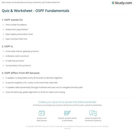 Quiz And Worksheet Ospf Fundamentals