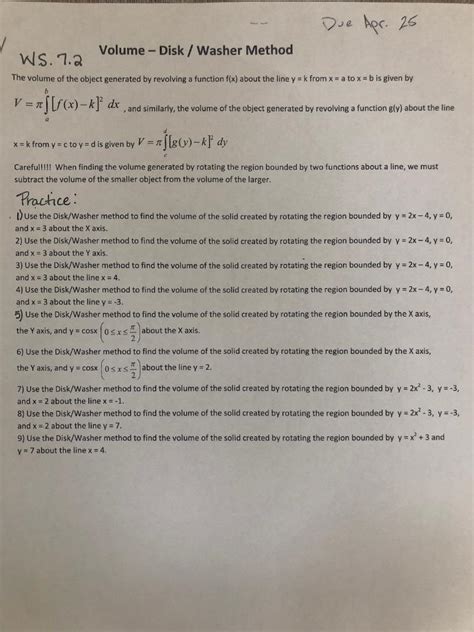 Solved Due Apr Volume Disk Washer Method WS The Chegg Com