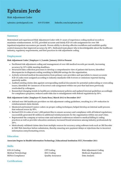 Risk Adjustment Coder Resume Cv Example And Writing Guide