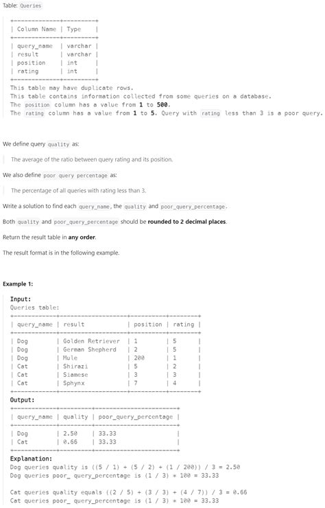 Leetcode Queries Quality And Percentagemysql