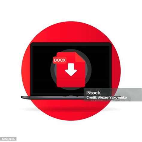 노트북 및 Docx 파일 아이콘을 다운로드합니다 문서 다운로드 개념입니다 Docx 레이블 및 아래쪽 화살표 기호입니다 격리된