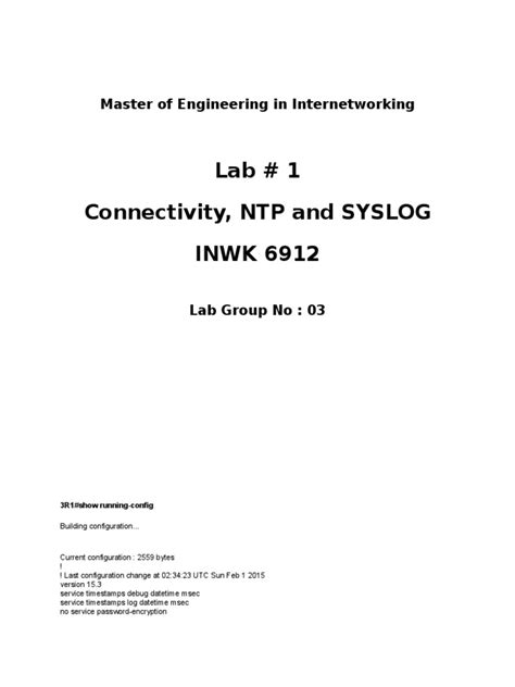 Lab 1 Connectivity Ntp And Syslog Inwk 6912 Master Of Engineering In Internetworking Pdf