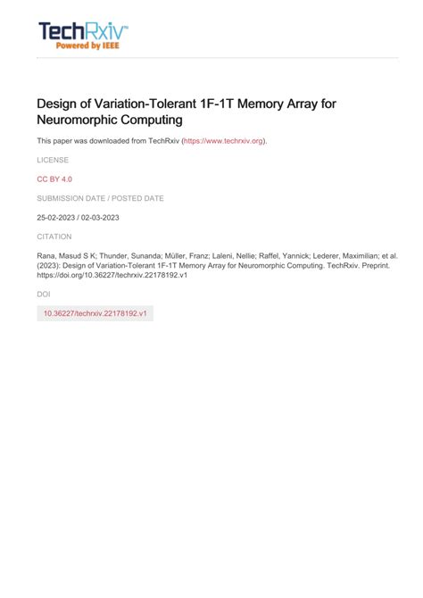 pdf design of variation tolerant 1f 1t memory array for neuromorphic