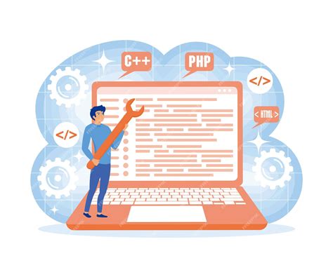 Desarrollo Web Lenguajes De Programación Programador Personaje De Dibujos Animados Desarrollo De