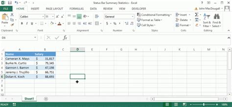 status bar summary statistics how to excel