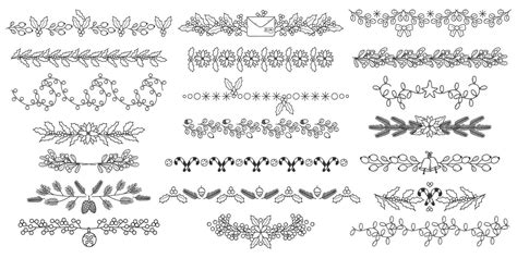 Christmas Doodle Dividers Xmas Holidays Floral Borders Ornamental Flowers Leaves And Berries