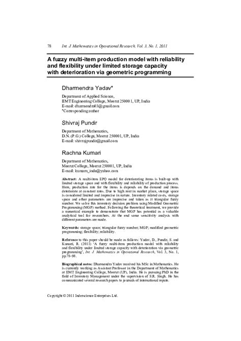 Pdf A Fuzzy Multi Item Production Model With Reliability