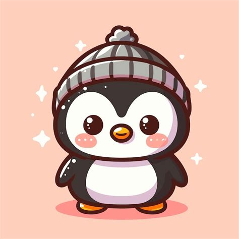 Chibi Cute Kawaii Penguin With A Hat On And A Pink Background Flat